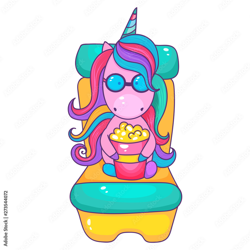 Cute cartoon unicorn in glasses watching TV, sitting in a chair. Pink ...