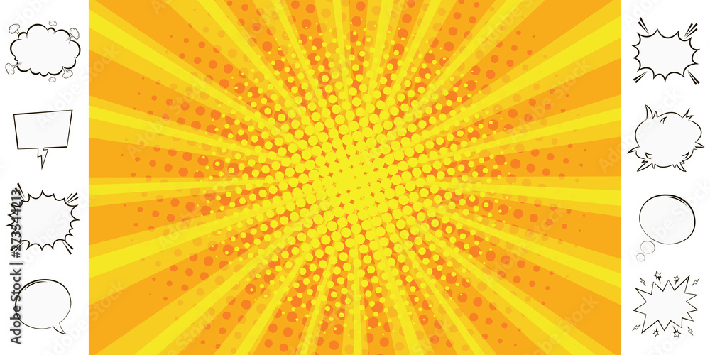 Pop art elements set - comic speech bubbles and sunburst background ...