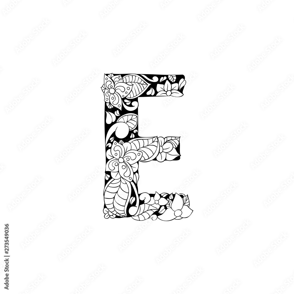 Floral letter outline illustration. Alphabet symbol for coloring book ...