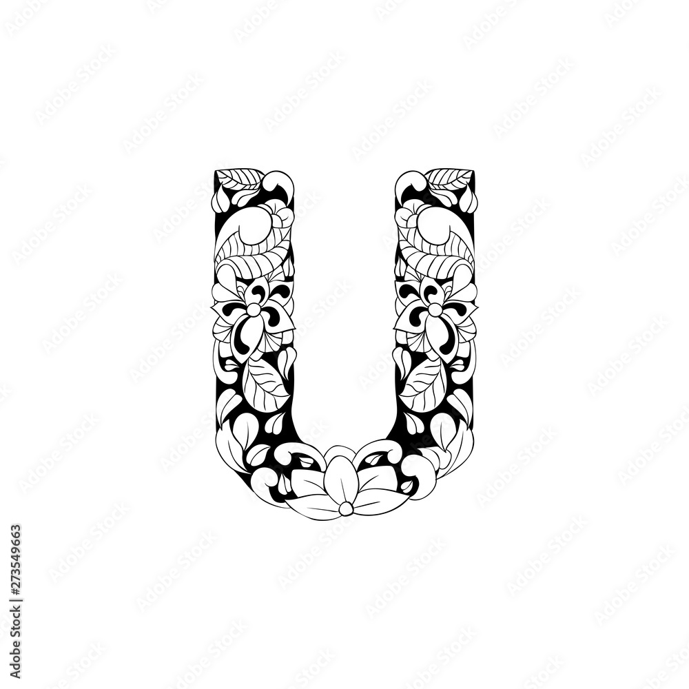 Floral letter outline illustration. Alphabet symbol for coloring book ...