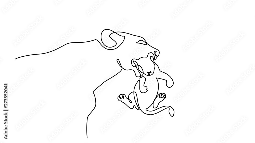 Young lioness with lion cub one line drawing Stock Vector | Adobe Stock