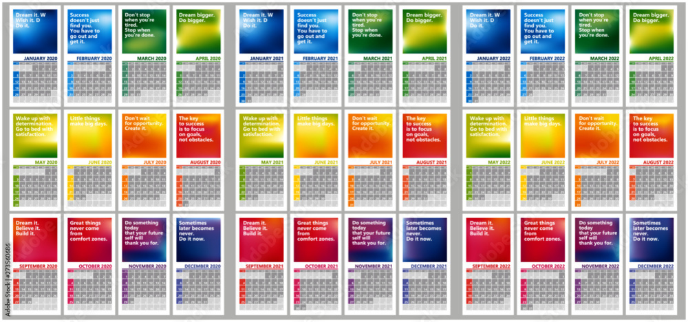 Creative calendars for 2020, 2021 and 2022 years. Week starts sunday ...