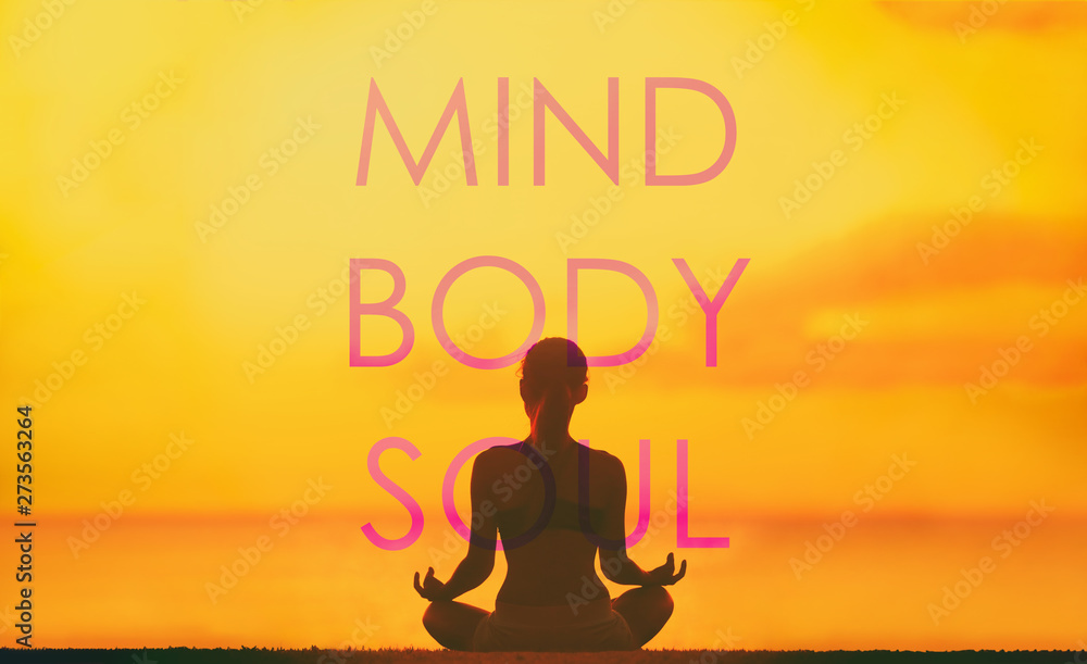Yoga poster with title written MIND BODY SOUL in big on sunset ...