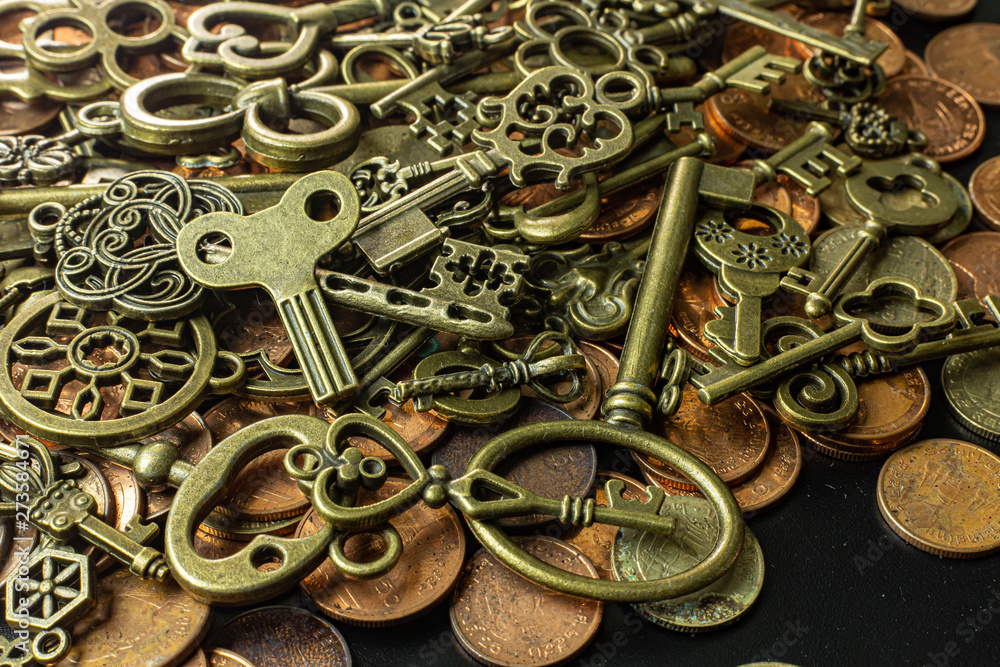 Old vintage keys gold texture on copper coin abstract background. Stock ...