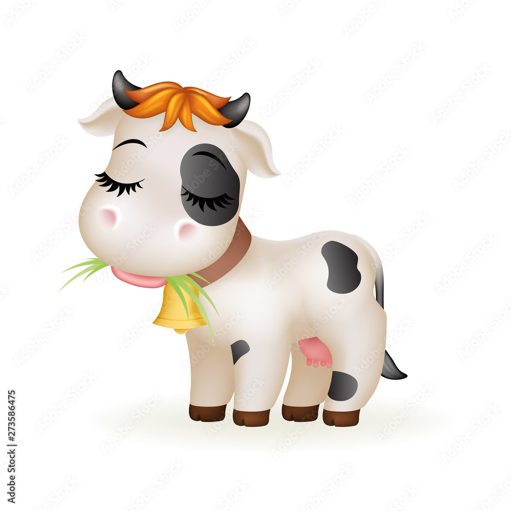Farm little cartoon cute calf white cow standing mammal animal art ...