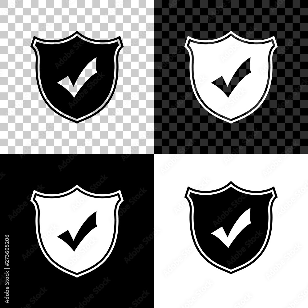 Shield with check mark icon isolated on black, white and transparent ...