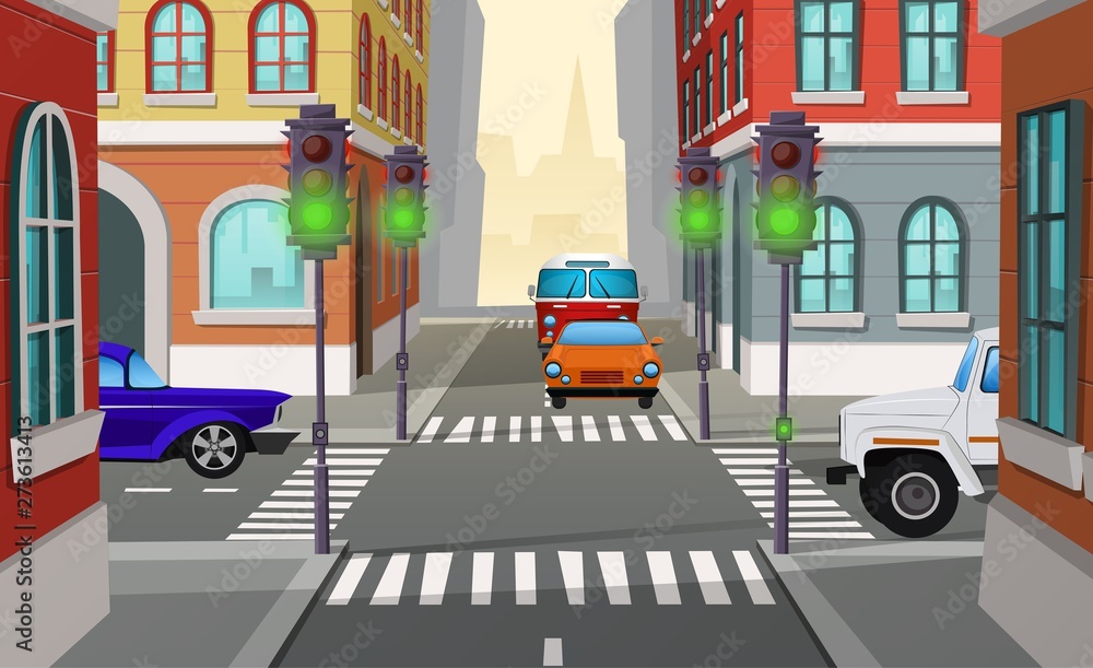 Vector cartoon illustration city crossroad with green traffic lights ...