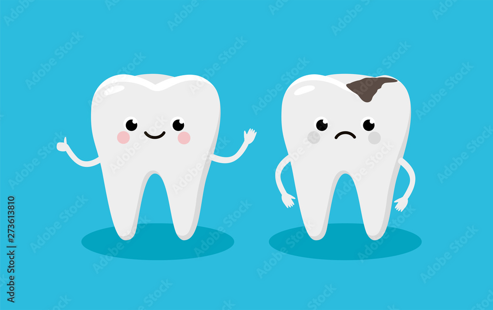 Vektorová grafika „Happy Healthy Tooth and Moody Tooth with cavity ...