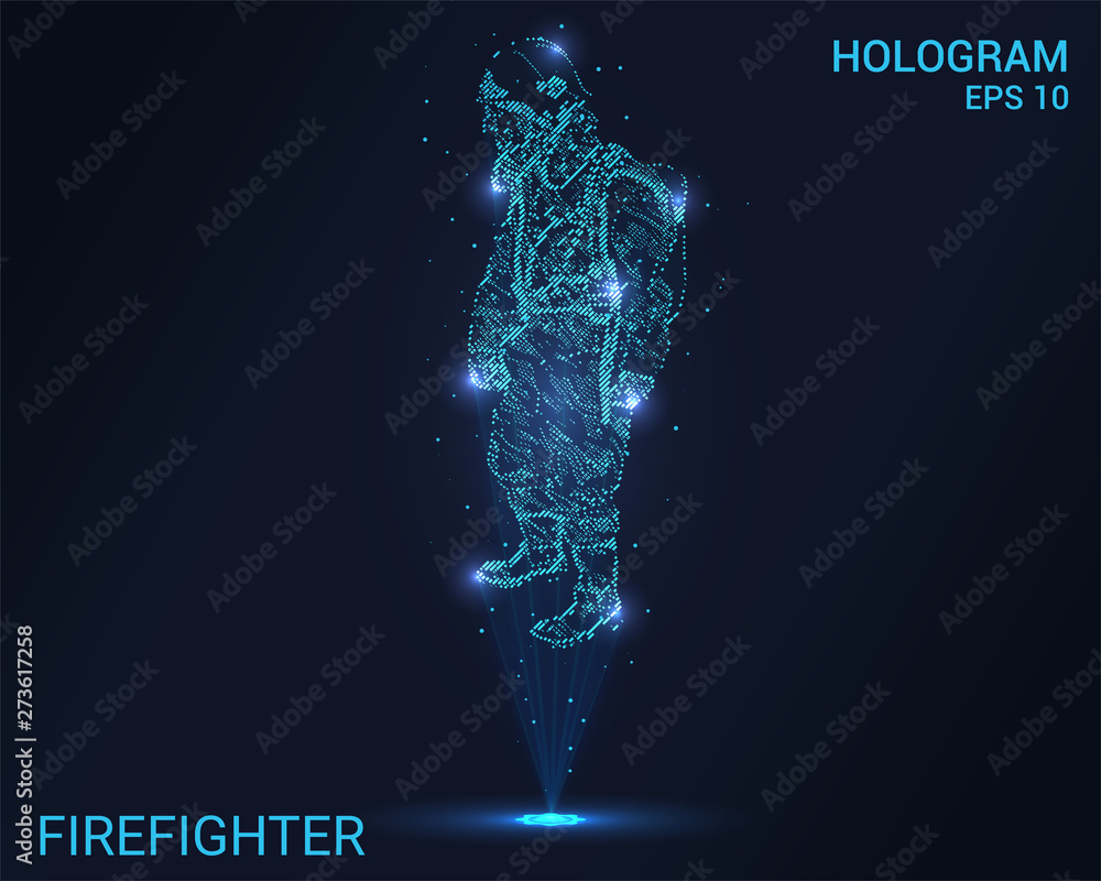 Hologram fireman. Holographic projection of firefighter. Flickering ...