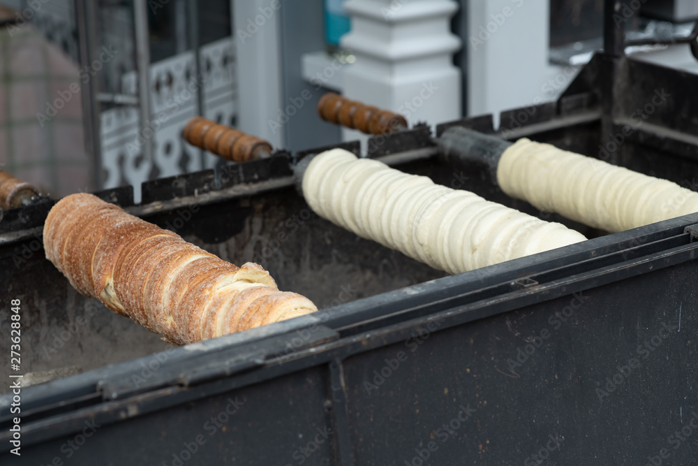 Traditional Hungarian street food. Homemade kurtosh kolac. Homemade ...