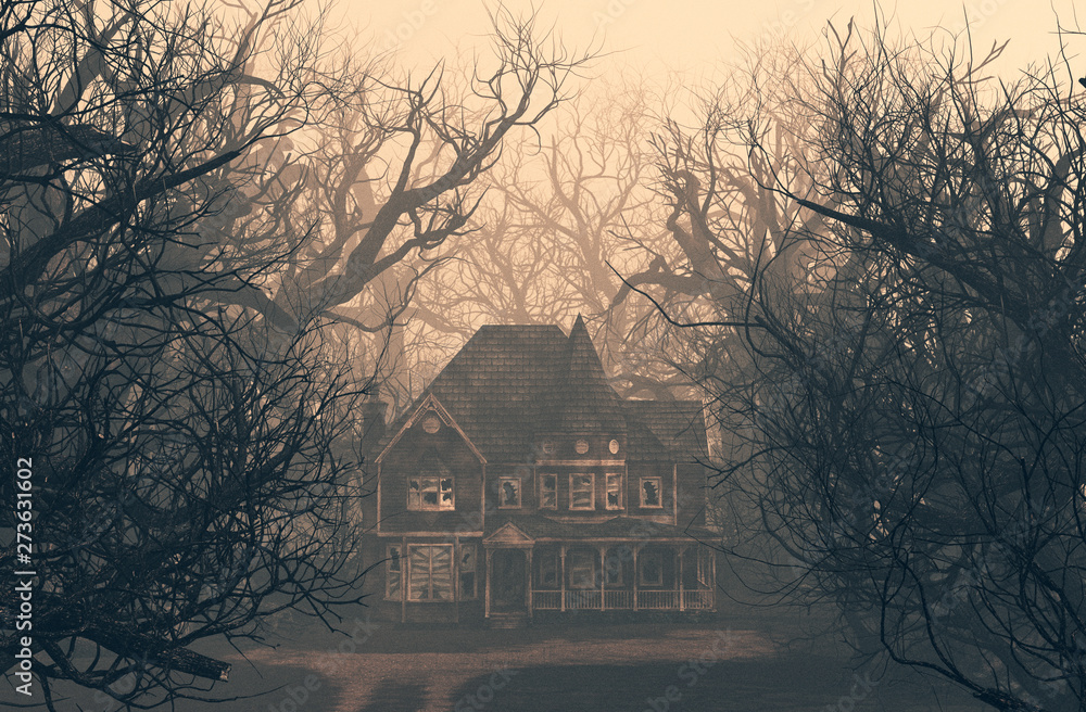 haunted house scene in creepy forest,3d illustration Stock Illustration ...