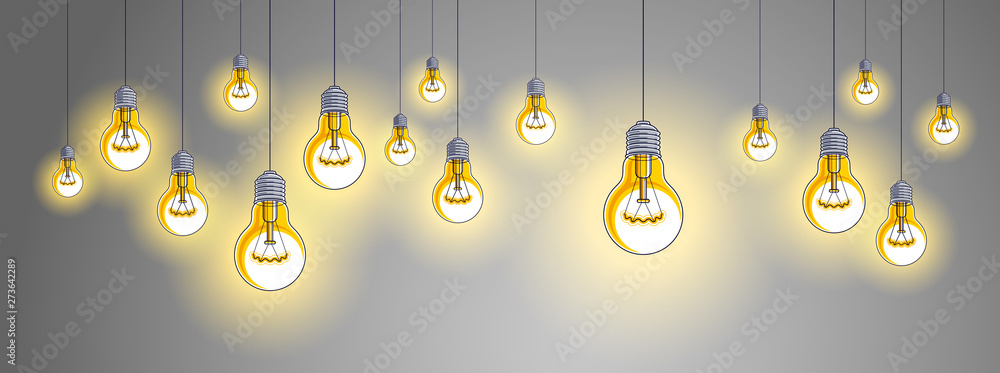 Light bulbs shining beautiful vector realistic illustration. Ideas ...