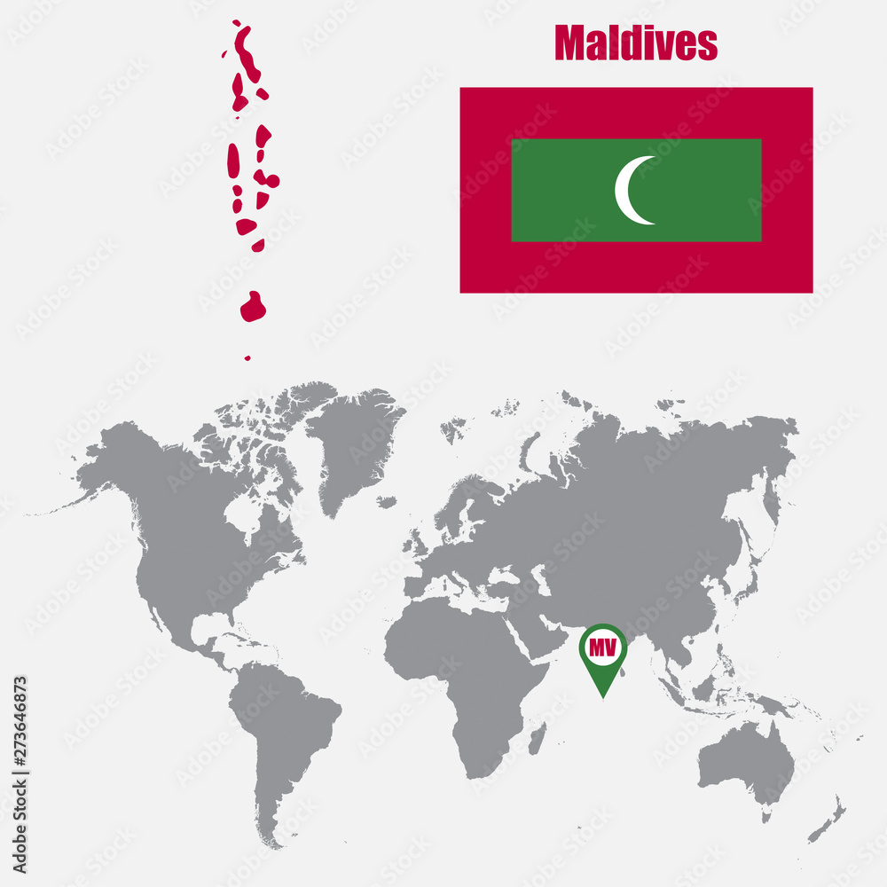 Maldives map on a world map with flag and map pointer. Vector ...