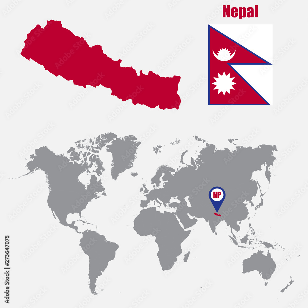 Nepal map on a world map with flag and map pointer. Vector illustration ...