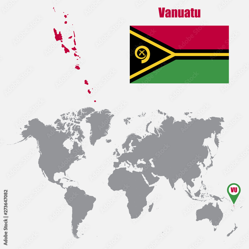 Vanuatu map on a world map with flag and map pointer. Vector ...