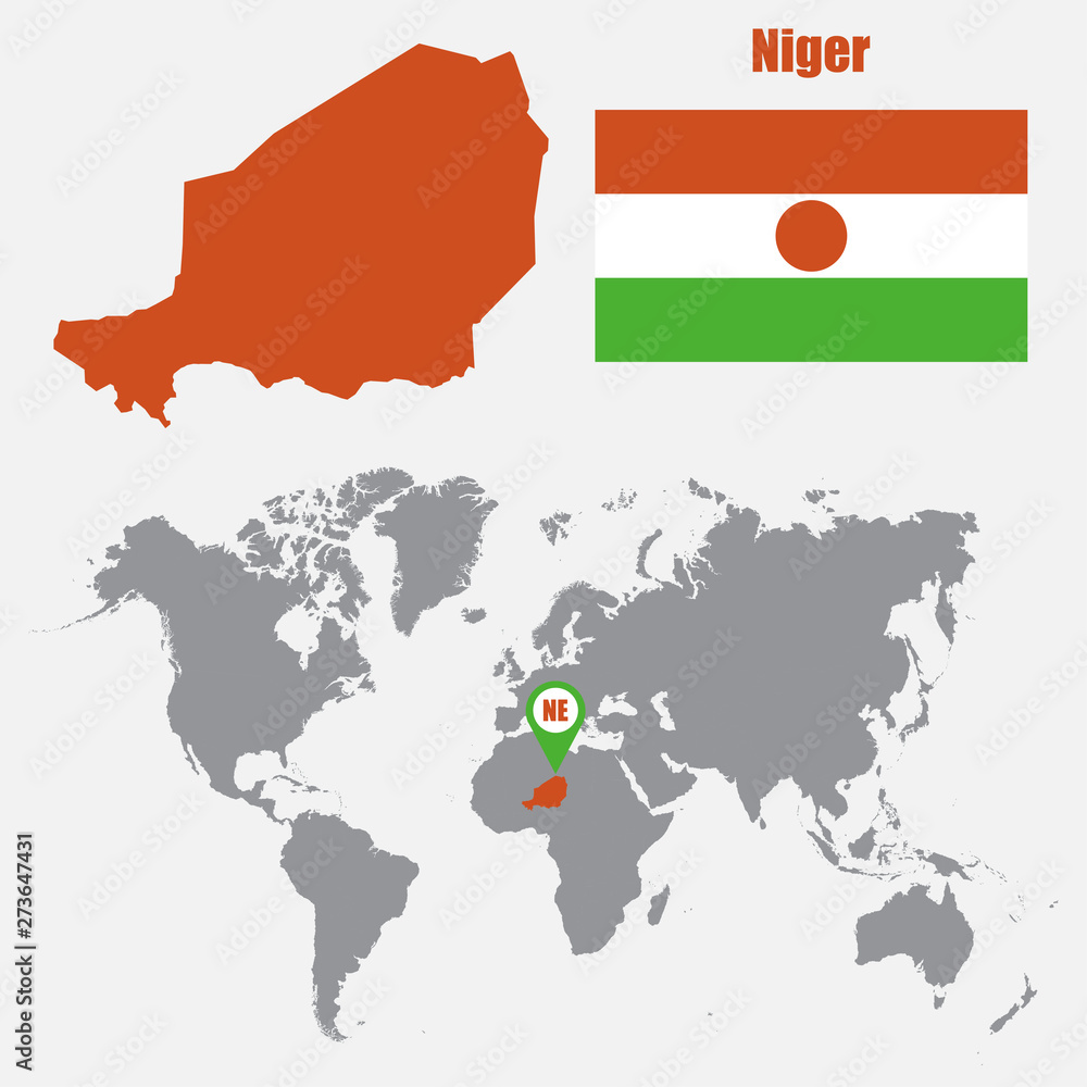 Niger map on a world map with flag and map pointer. Vector illustration ...