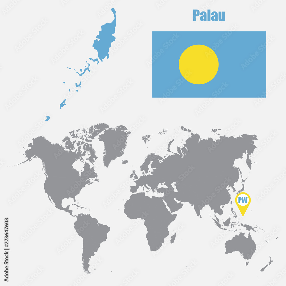 Palau map on a world map with flag and map pointer. Vector illustration ...