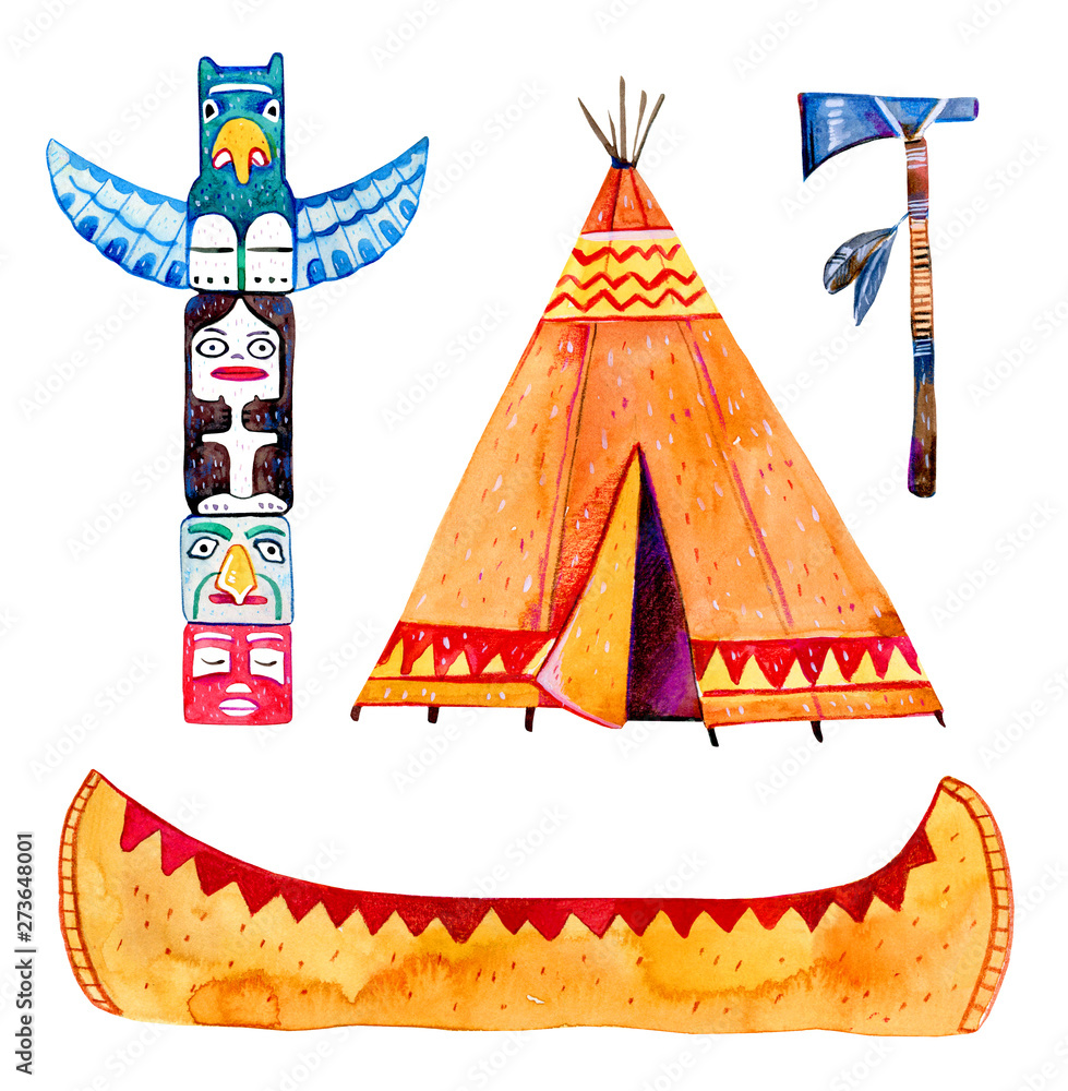 Native American indians traditional objects. Wigwam, totem pole, canoe ...
