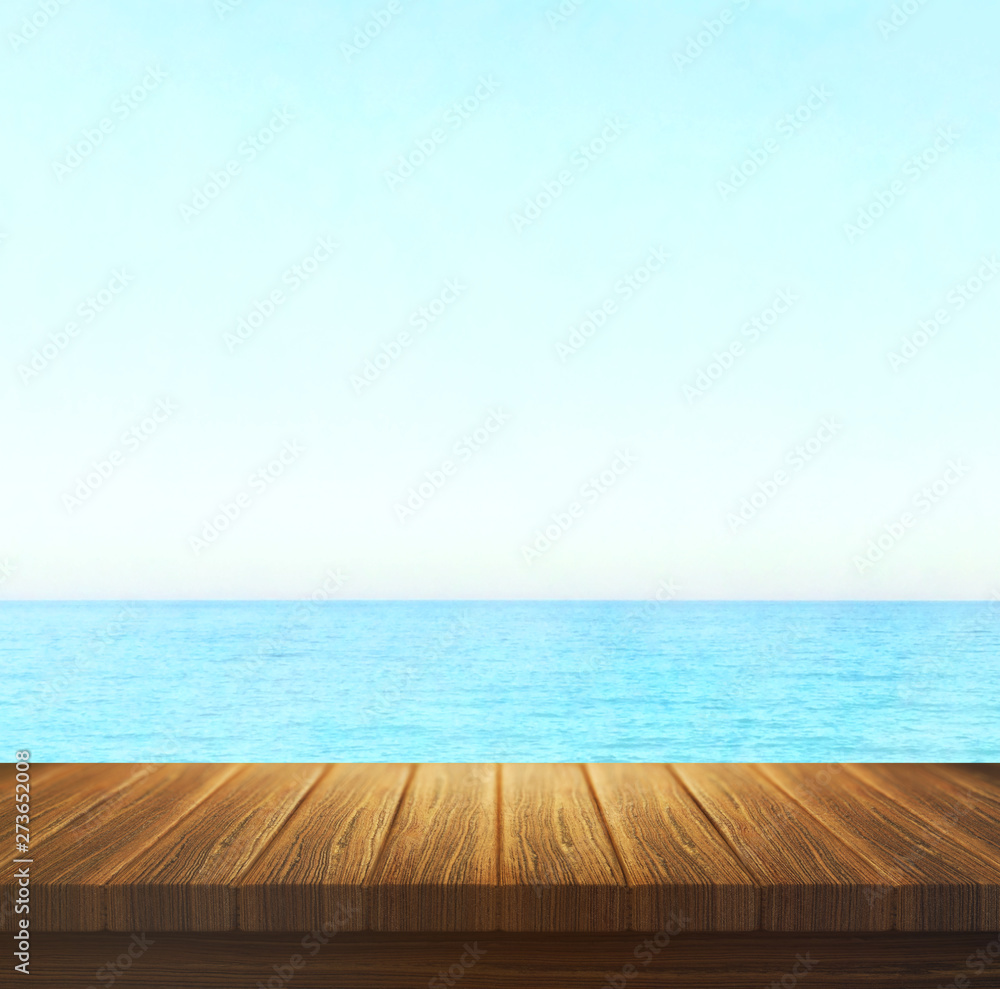 Wood table top on blur sea background. Summer, nature concepts. For ...