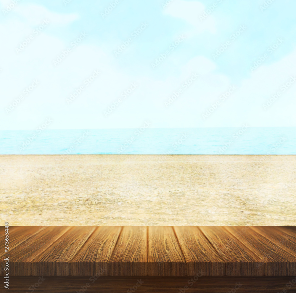 Wood table top on blur sea background. Summer, nature concepts. For ...