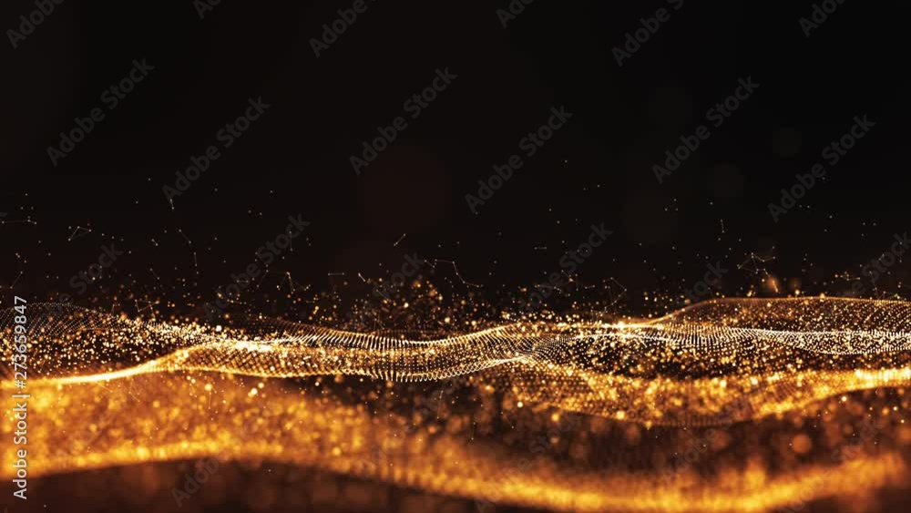 Looping digital gold color particles wave flow abstract motion ...