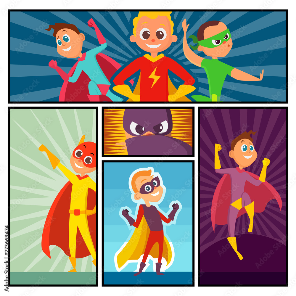 Superheroes banners. Kids heroes characters in action poses comic super ...