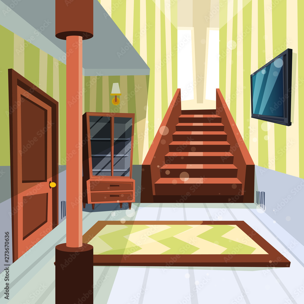 House interior. Apartment light room hallway with staircase and storage ...