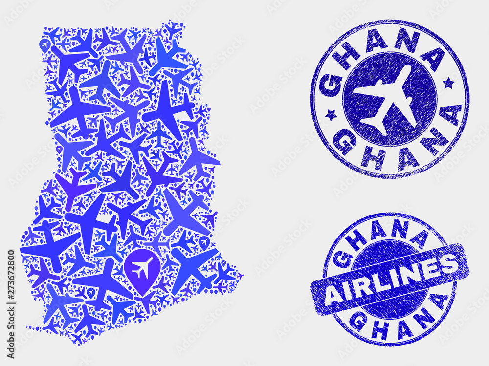 Airplane vector Ghana map composition and grunge stamps. Abstract Ghana ...