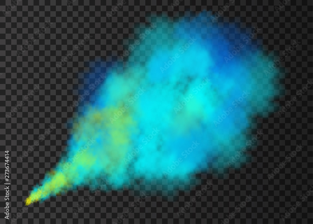 Blue and yellow smoke explosion special effect on transparent ...