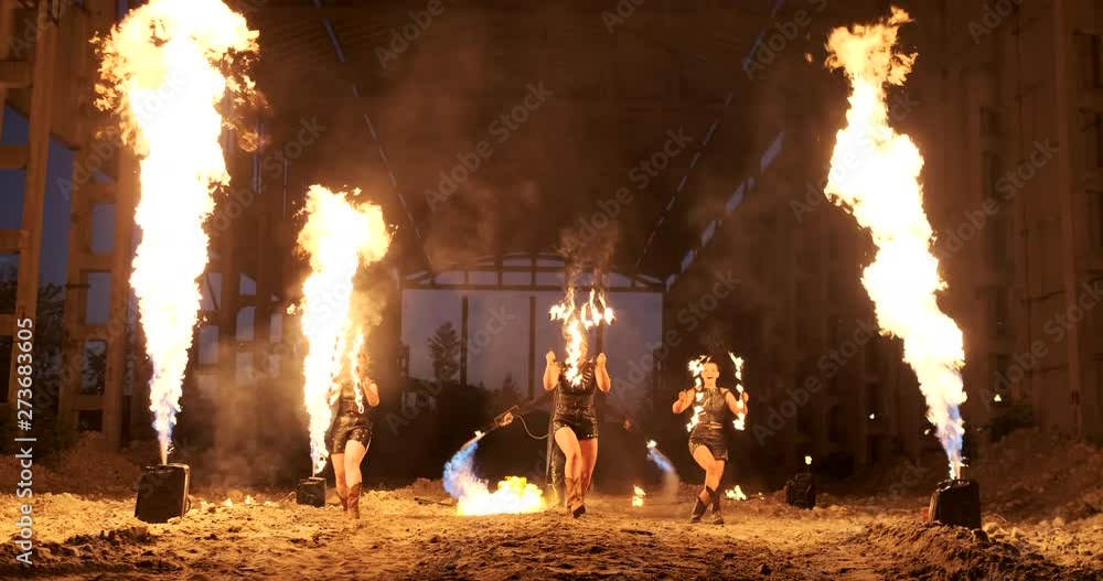 Professional fire show in the old hangar of the aircraft show ...