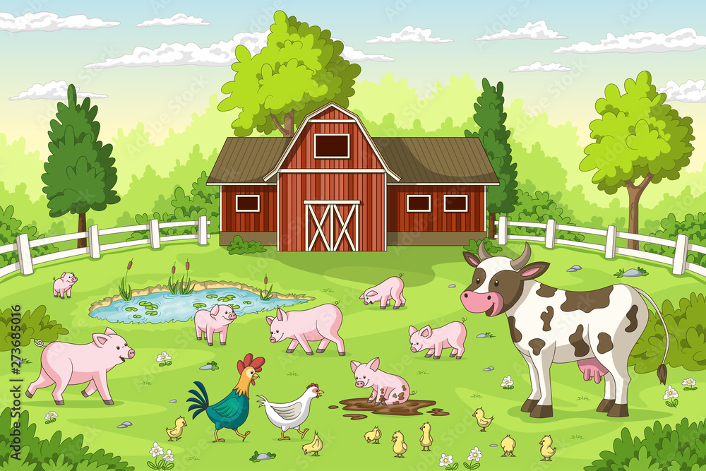 Cartoon animals on a farm. Summer Landscape with red house and fence ...