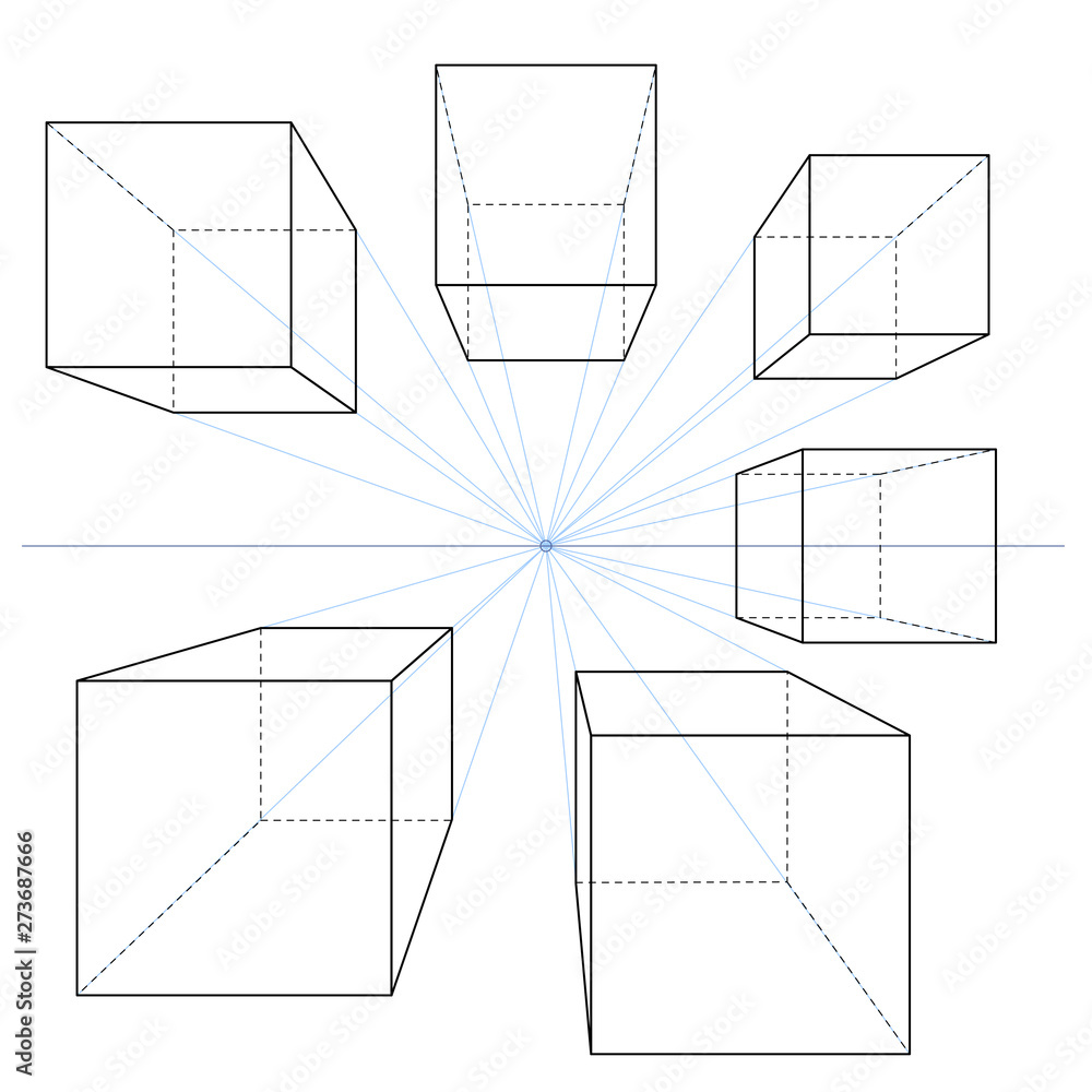 One Point Perspective Line Drawings. Vector Set of Cubes and ...