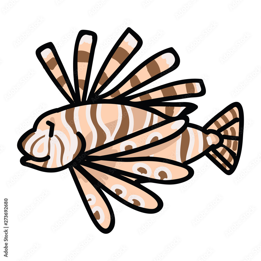 Cute poisonous lionfish cartoon vector illustration motif set. Hand ...