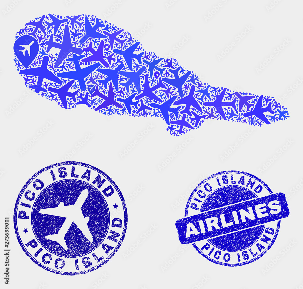 Airlines vector Pico Island map collage and grunge seals. Abstract Pico ...