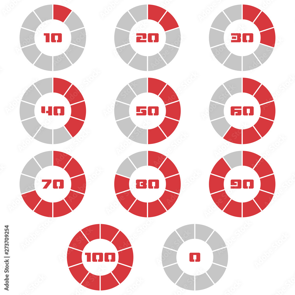 Colorful pie charts. Set of red percentage diagrams. Modern infographic ...