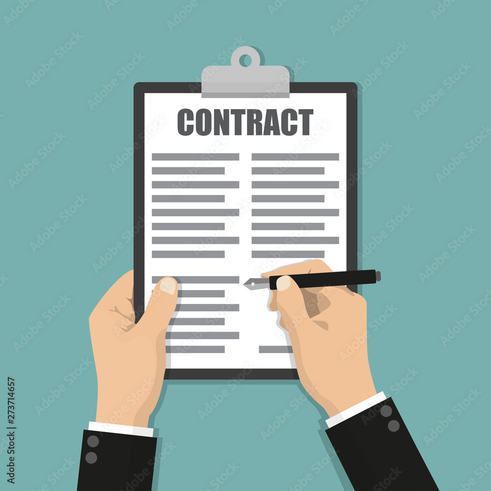 Contract signing. A male left hand holds a document, the right hand ...