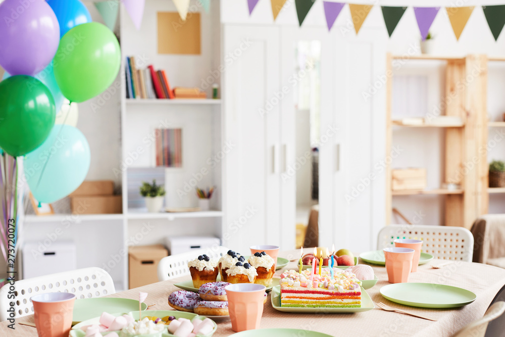 Background image of dinner table set with sweets and cake for Birthday ...