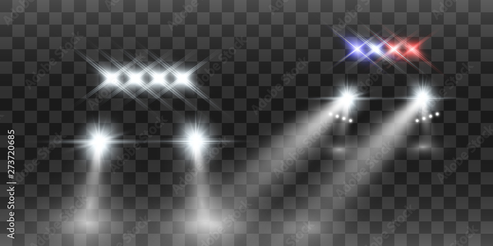 Realistic white glow round beams of car headlights, isolated on ...