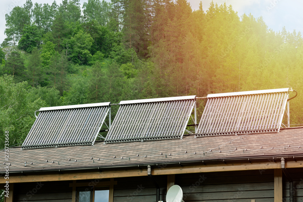 Solar water heater on roof top, beautiful blue sky background. Stock ...