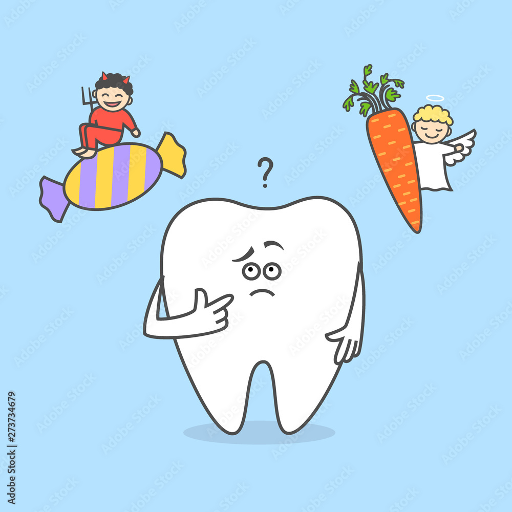 Cartoon tooth thinking with angel and devil. Candy and carrot. Stock ...