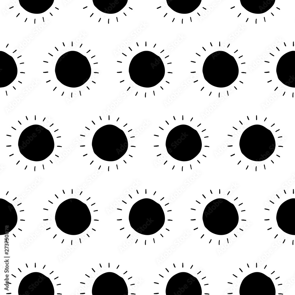 Cute abstract sun pattern with hand drawn sun. Funny vector black and ...
