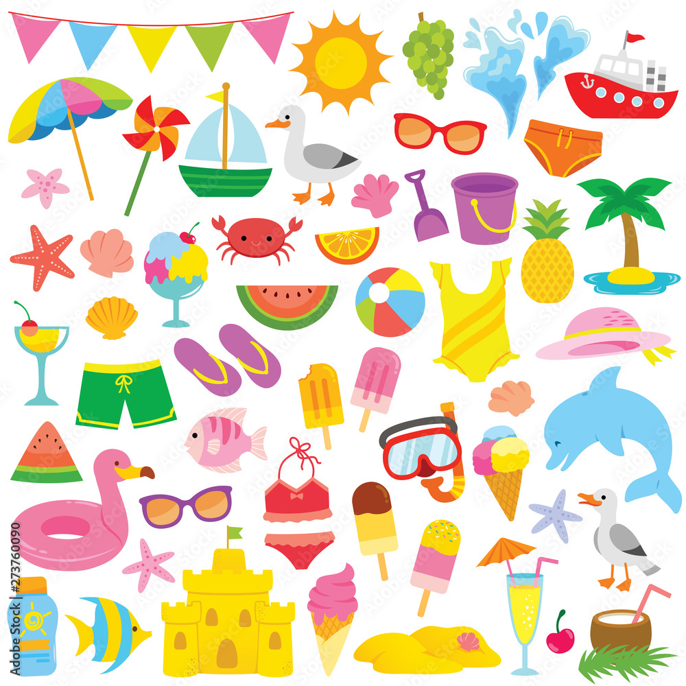 Summer and beach clip art set with cute illustrations for kids Stock ...
