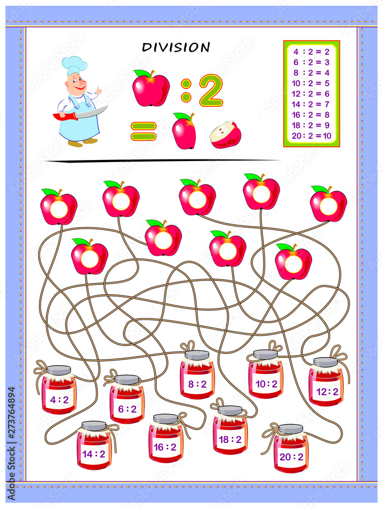 Exercises for kids with division table by number 2. Solve examples and ...