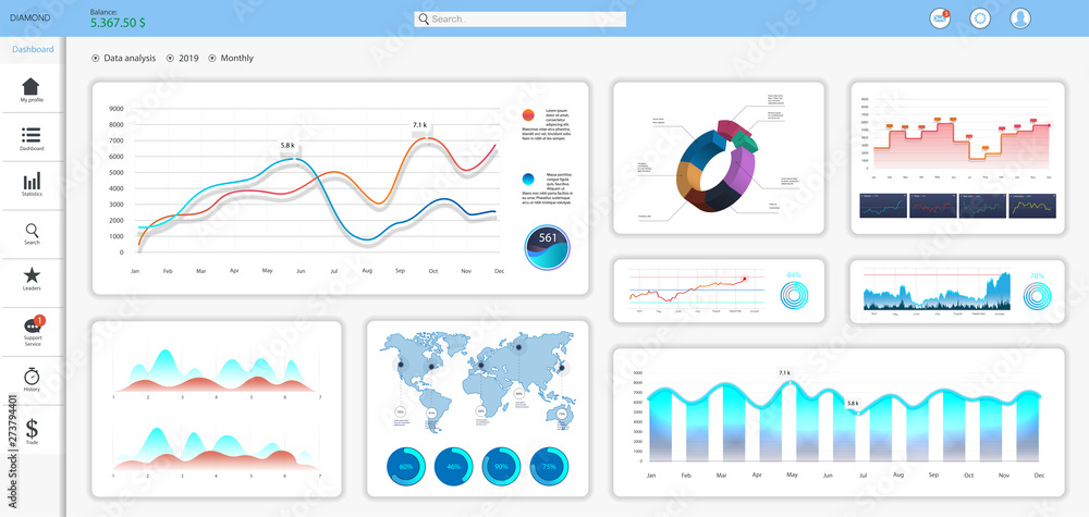 Colorful dashboard UI,UX,KIT. Modern presentation with infographics and HUD diagrams, clean and ...