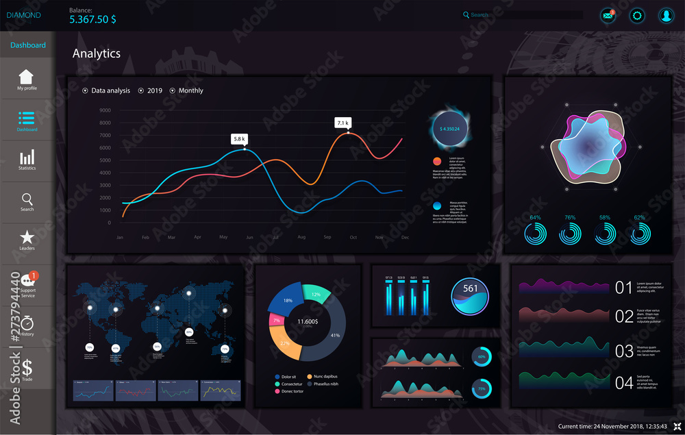 Dark Dashboard Infographic template. Modern web app UI with graphs ...