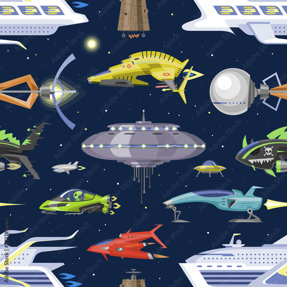 Spaceship vector spacecraft or rocket and spacy ufo illustration set of ...