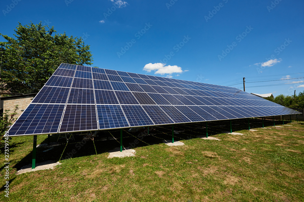 Frontview of big solar panels installed on outdoors opened space ...