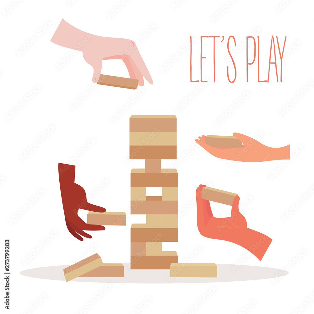 Tower balance game. Wooden stack block toy. Different positions. Hands ...