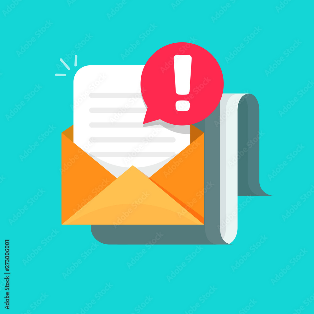 Email message with warning alert icon vector illustration, flat cartoon ...