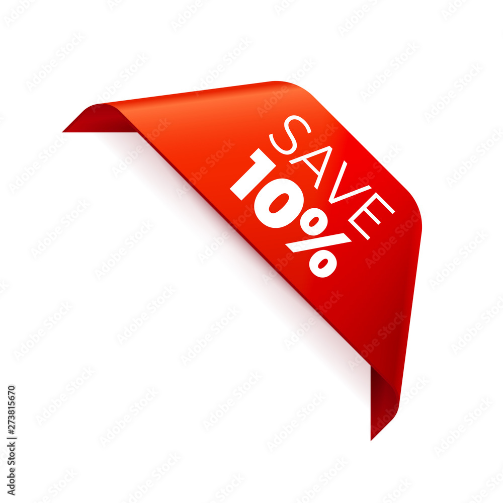 Red Vector Banner Ribbon on white background, corner ribbon, save 10 ...